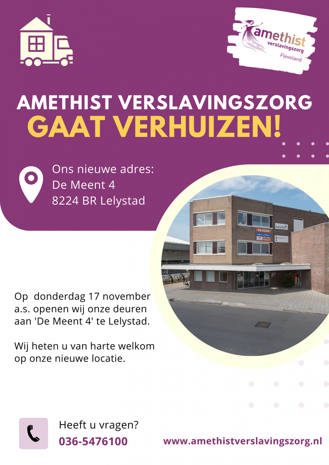 Amethist verslavingszorg Lelystad gaat verhuizen! - Amethist